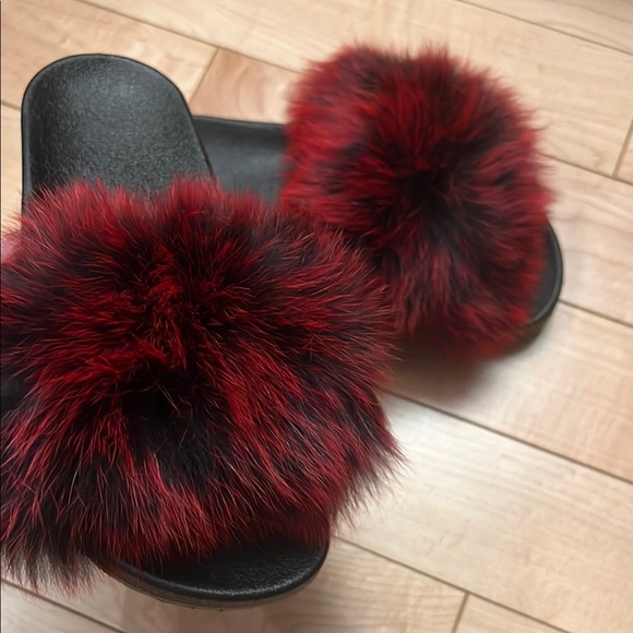 Shoes | Furry Red And Black Fox Fur Slides | Poshmark